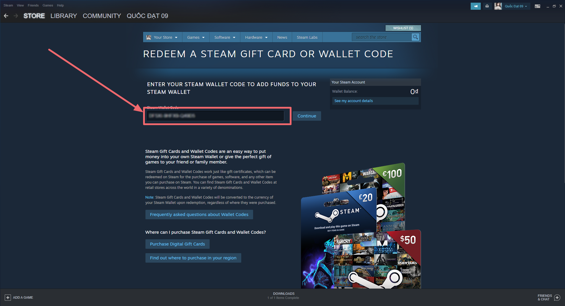 Hướng dẫn nhập code Steam wallet